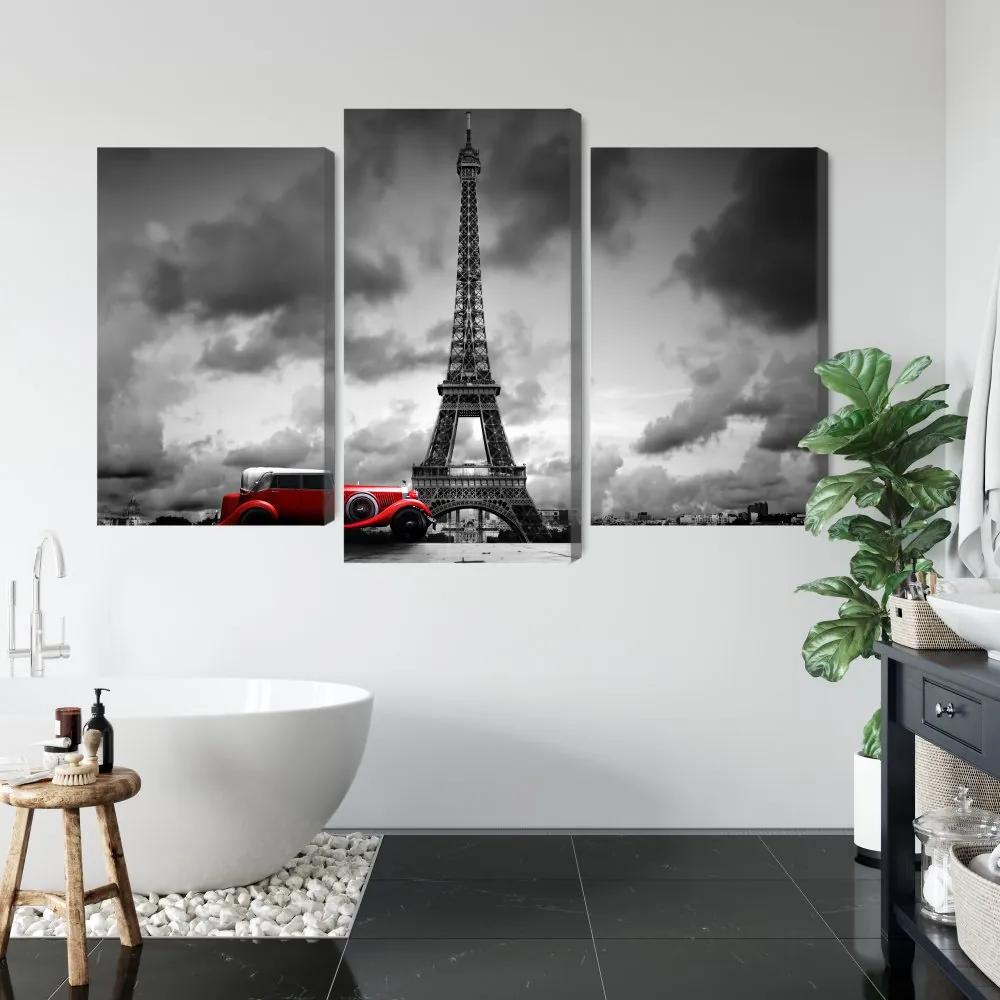 Vícedílný obraz Černobílý Pohled Na Eiffelovu Věž A Retro Auto Nedostatek Nedostatek Plátno Canvas 150x100