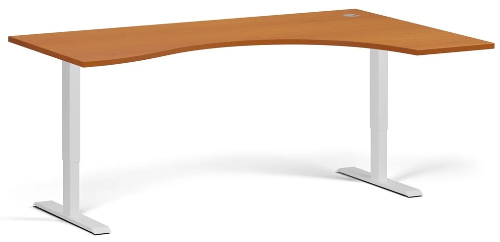 Ergonomický výškově nastavitelný stůl, 180x120 cm, 1 motor, L/P, bílá podnož, třešeň