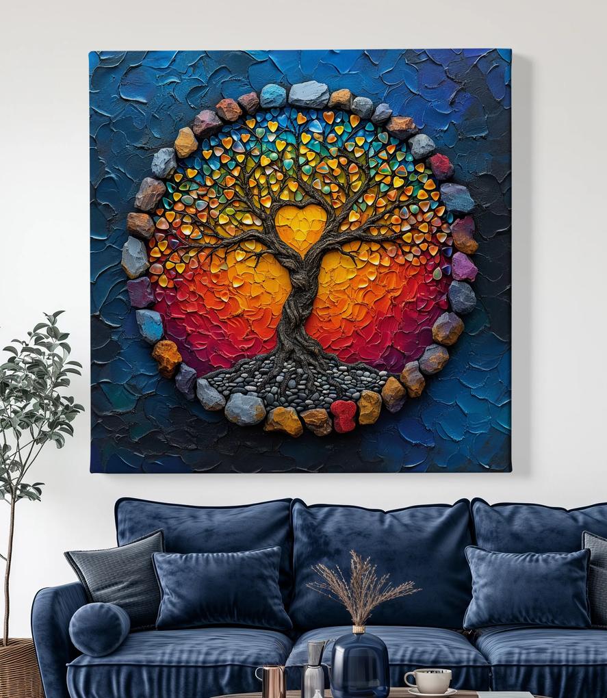 Obraz na plátně - Strom života Sluneční srdce s kamínky FeelHappy.cz Velikost obrazu: 80 x 80 cm