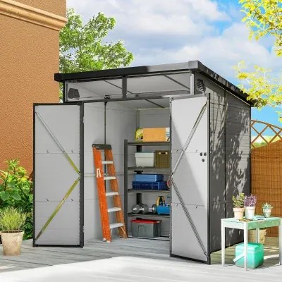 Outsunny 1,9 x 1,9 m zahradní kůlna, plastová nástrojová kůlna, uzamykatelné dveře, 2 ventilace, světle šedá