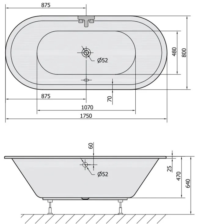 Polysan VIVA O oválná vana 175x80x47cm, bílá, 79119