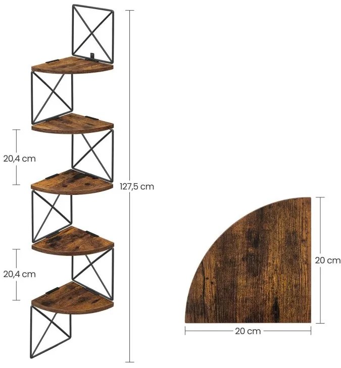 Rohová závěsná police VASAGLE 5 patrová, hnědá/černá