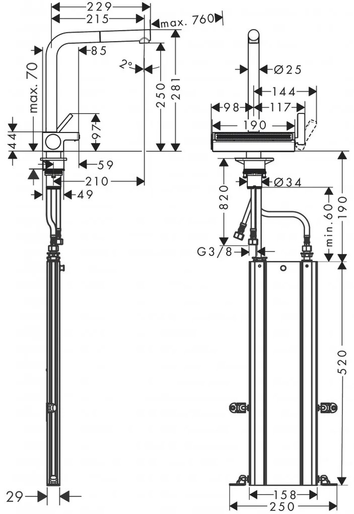 Hansgrohe Aquno Select M81 - Páková kuchyňská baterie 250, vytahovatelný výtok, 2jet, sBox, černá matná 73830670