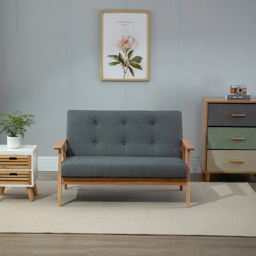 HOMCOM Dvoumístná pohovka Loveseat 2-místná s čalouněním kompaktní design v kombinaci lnu a kaučukovníku šedá 115x66,5x73cm do obývacího pokoje