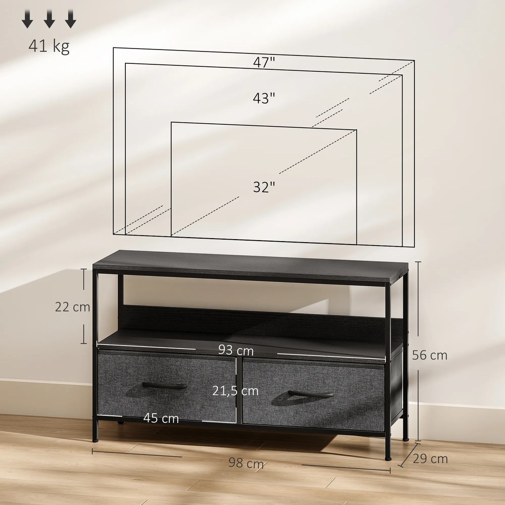 HOMCOM TV skříňka Lowboard se 2 zásuvkami, otevřeným prostorem, pro televizory do 47 palců, 98 x 29 x 56 cm, černá + tmavě šedá