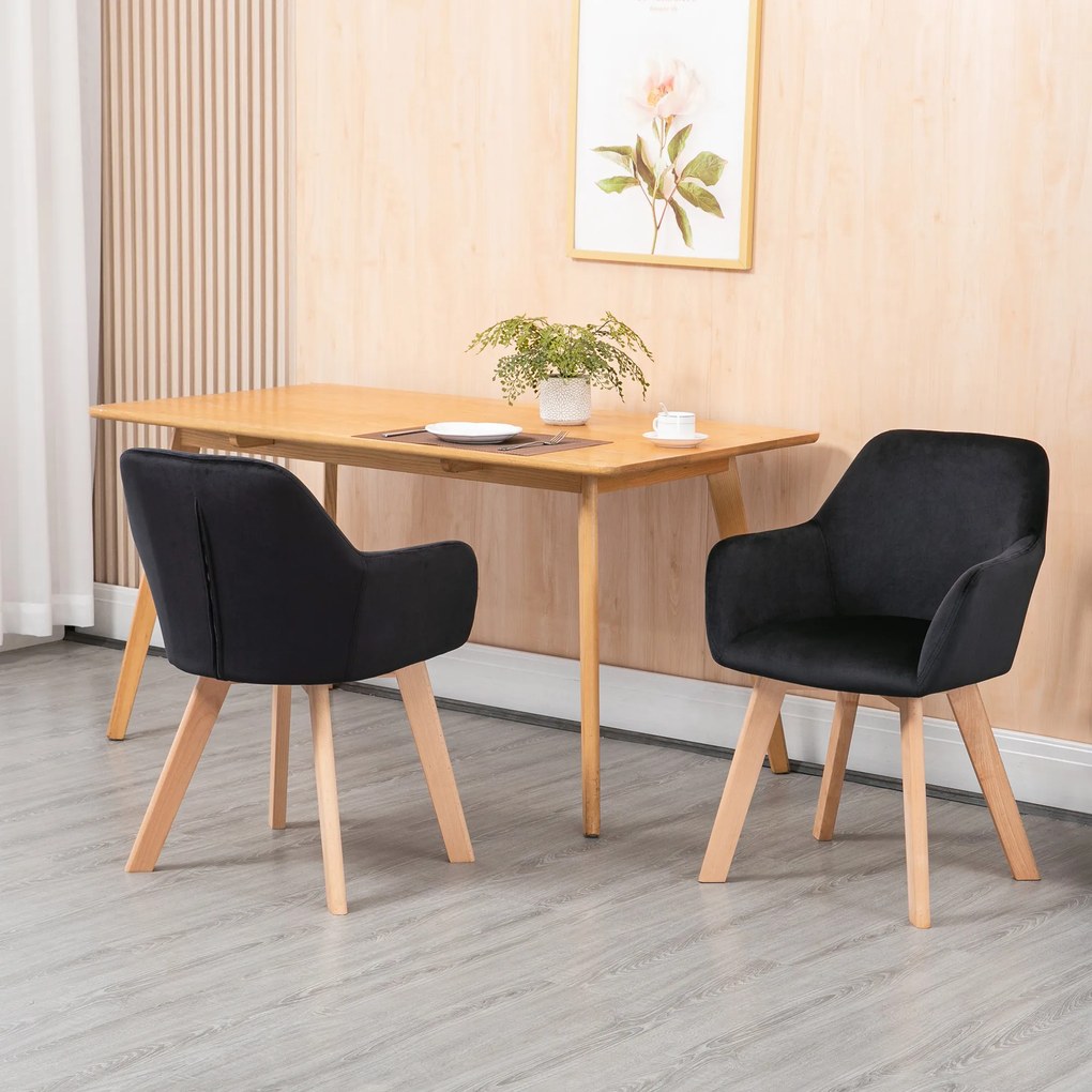 HOMCOM Sada 2 ergonomických kuchyňských židlí s prodlouženými područkami a opěradlem, nosnost do 120 kg, polyester a dřevo, černá 54x57x80 cm