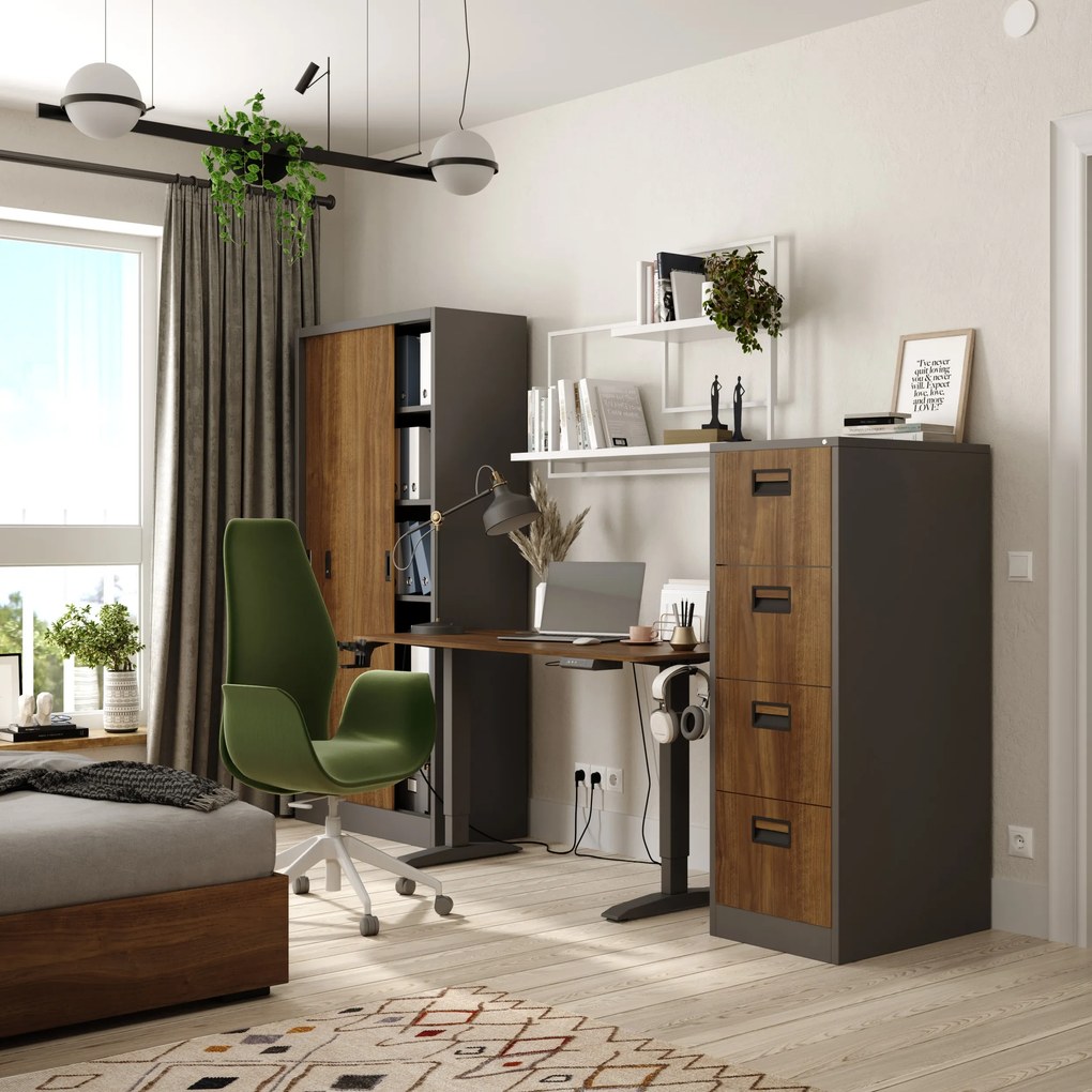 Kovová kancelářská skříň s posuvnými dveřmi, antracit/ořech, 900x1850x400 mm: KUBA Eco Design