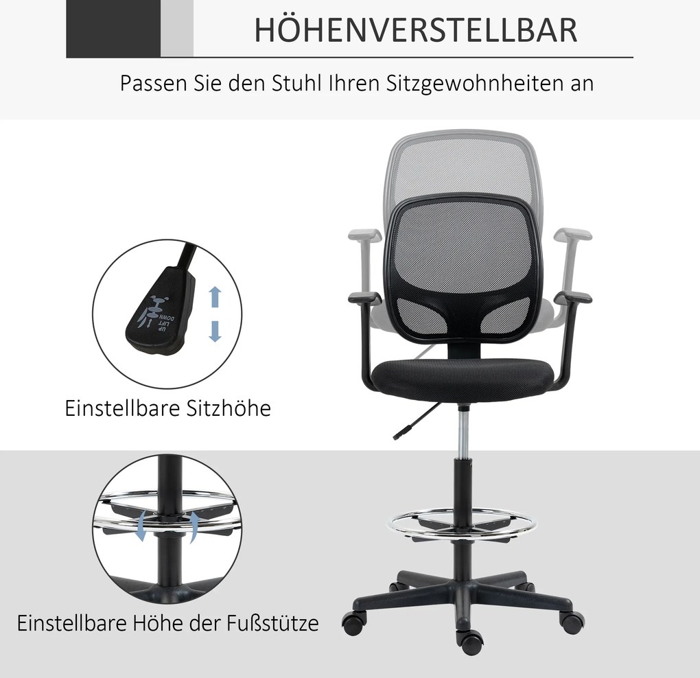 Ergonomická kancelářská židle Vinsetto kancelářská židle, otočná židle, kreslící židle, nastavitelný kroužek na nohy, do 120 kg, černá, 60x56x110-132…