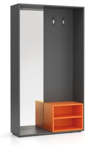 PLAN Šatní stěna s botníkem a zrcadlem, 2 háčky, grafit/oranžová