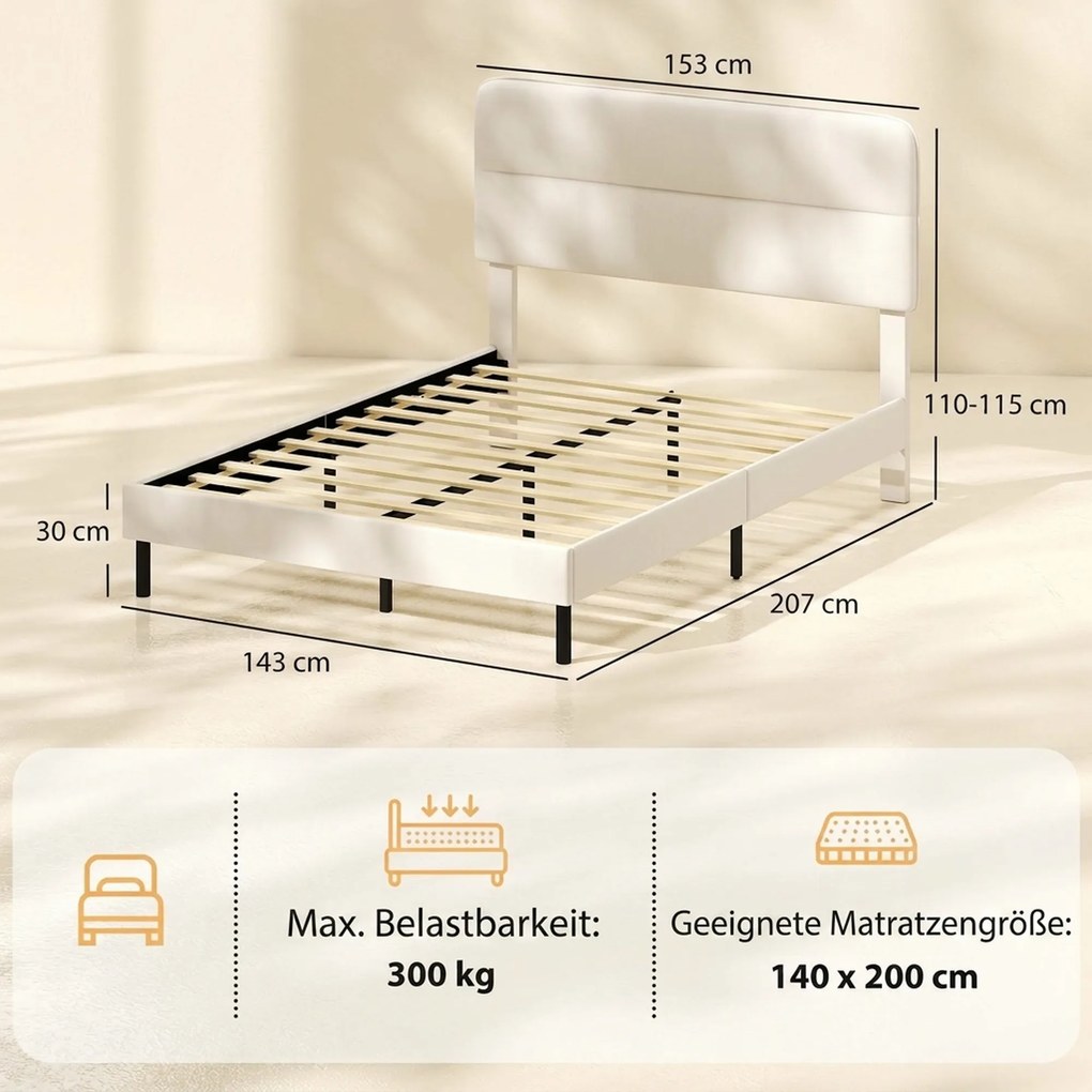 HOMCOM Postelový rám 140 x 200 cm s nastavitelným čelem, čalouněná postel s lněným vzhledem se 12 překližkovými laťkami, béžová