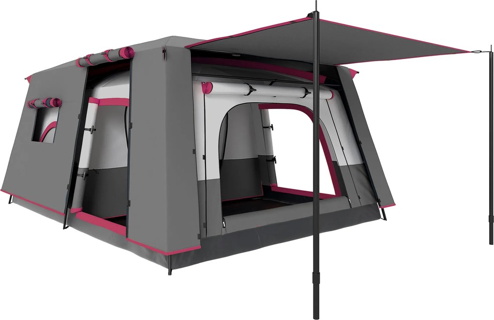 Rodinný stan Outsunny pro 4-6 osob - tunelový stan se 2 spacími zónami a přístřeškem, voděodolný 3000 mm, UV ochrana pro rybaření a turistiku, červený