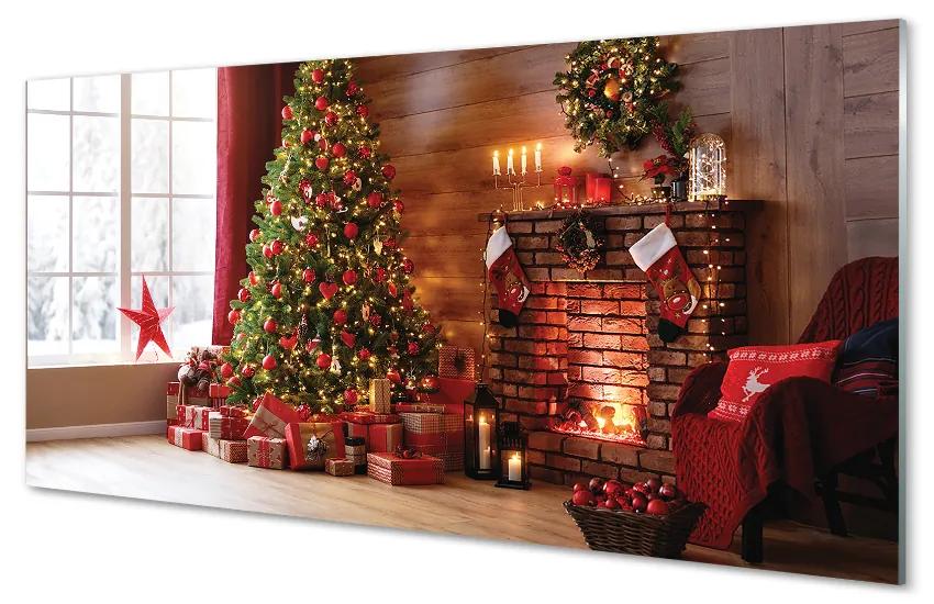 akrylový obraz Ozdoby na vánoční stromeček dárky ohniště 140x70 cm