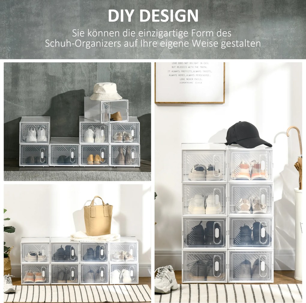 HOMCOM Botník DIY zásuvný s 8 přihrádkami, obdélníkový botník, plast, průhledný, 25x35x19cm