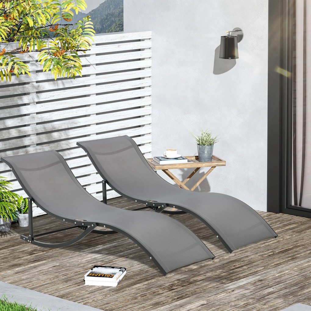 Outsunny sada 2 lehátek zahradní lehátka látková relaxační lehátka ergonomická hliníková Texteline tmavě šedá 165 x 61 x 63 cm