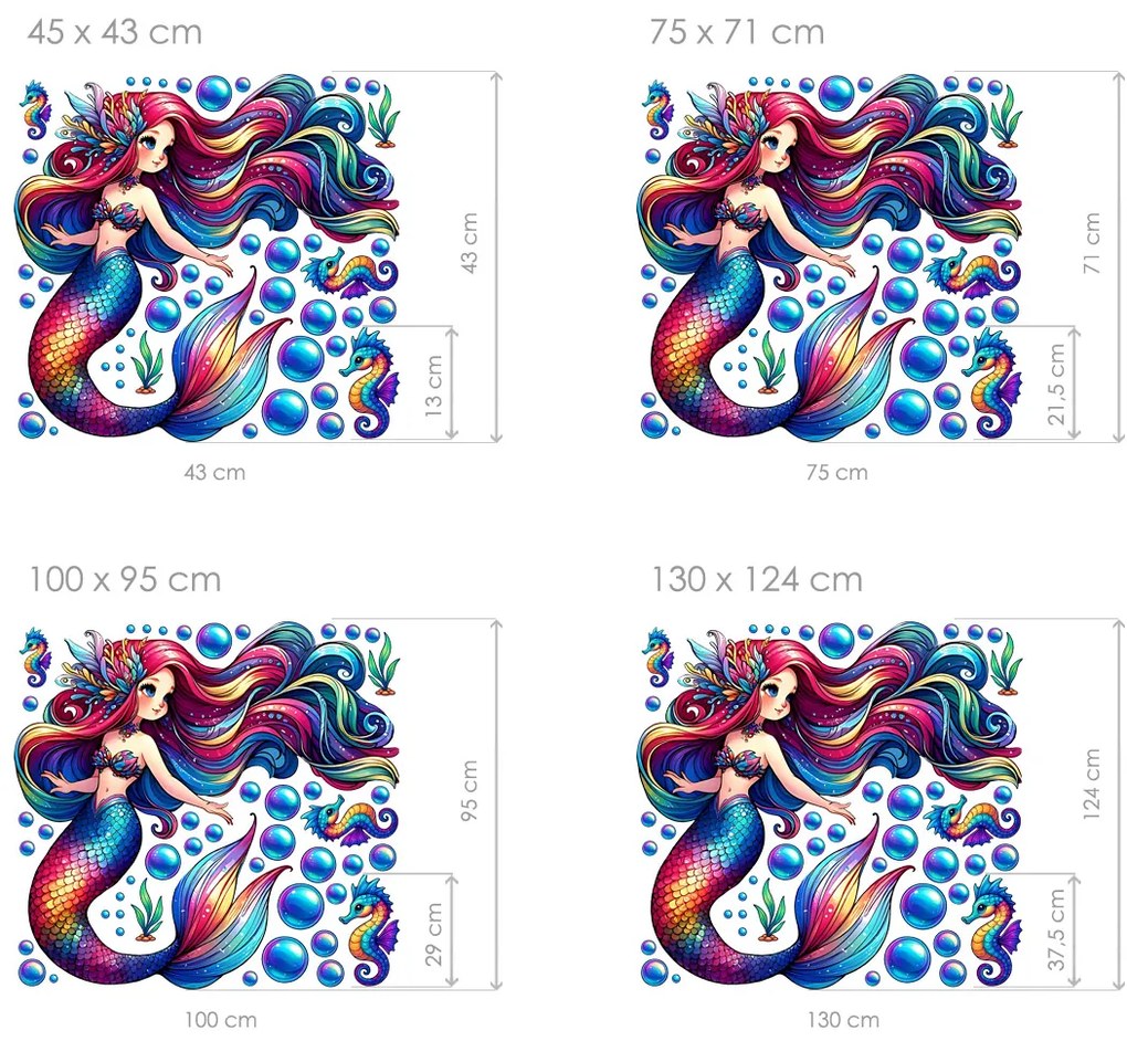 Barevná mořská víla samolepky na zeď arch 45 x 43 cm