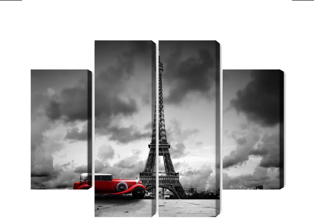 Vícedílný obraz Černobílý Pohled Na Eiffelovu Věž A Retro Auto Nedostatek Nedostatek Přírodní plátno 120x90