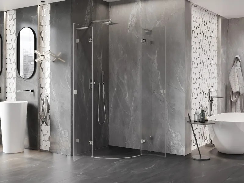 Mexen Lunar, L půlkruhový výklopný sprchový kout 90 x 90 cm, 8mm čiré sklo, ocelový profil, 833L-090L-090P-97-00