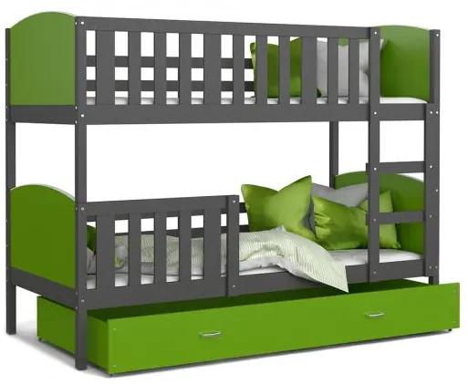DOBRESNY Dětská patrová postel TAMI 90x200 cm s šedou konstrukcí v zelené barvě