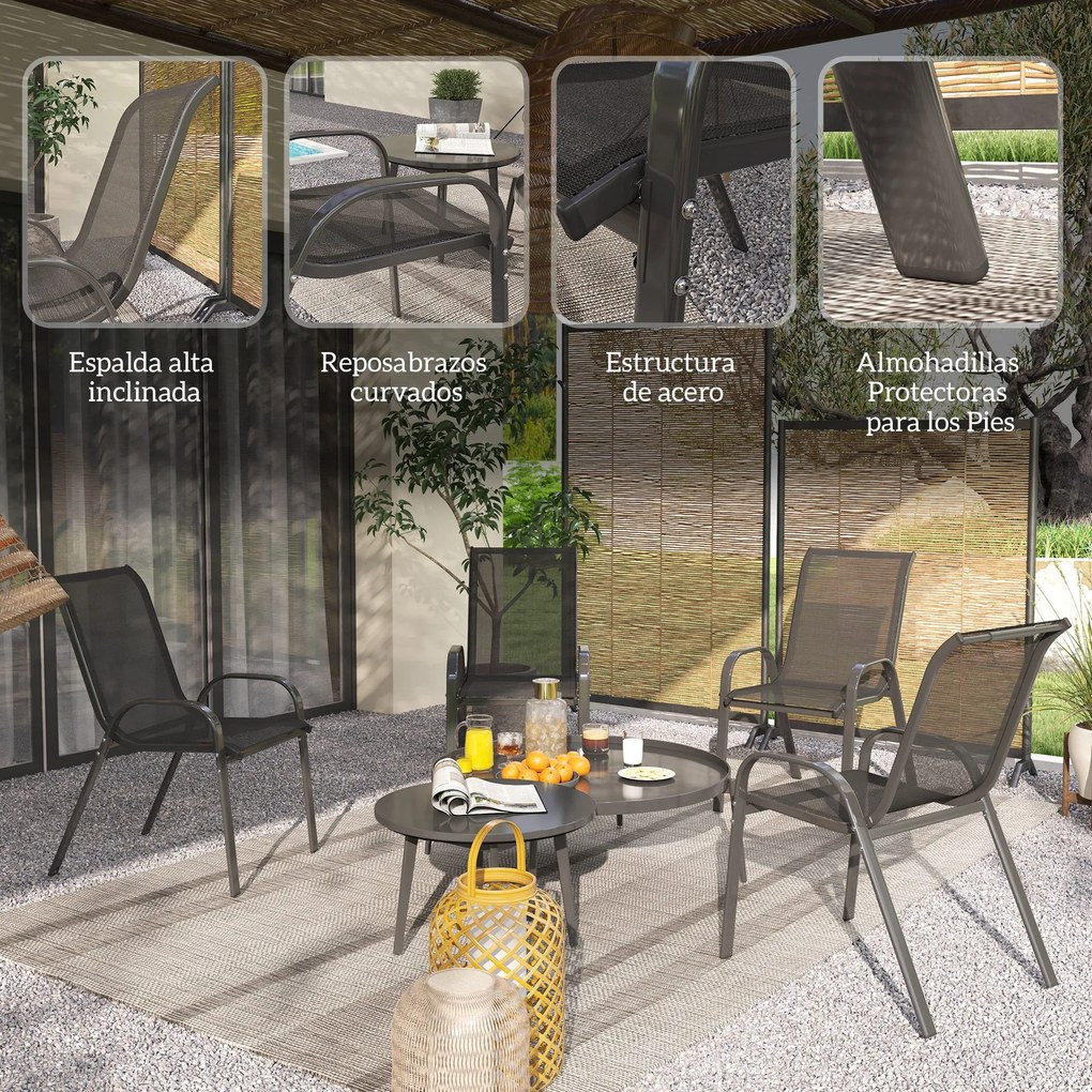 Outsunny Sada 4 Zahradních Židlí pro Exteriér Stohovatelné Terasové Židle s Prodyšnou Tkaninou Ocelový Rám Područky a Vysoké Opěradlo 54x71x93 cm Čer…