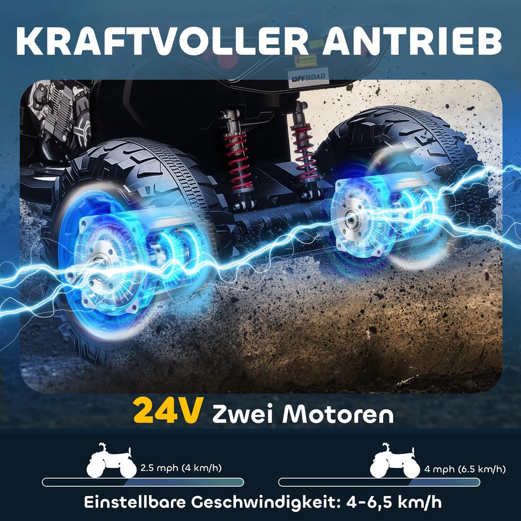 AIYAPLAY Dětský elektro quad, 24V elektrické vozidlo se 4 koly, světlomet, USB port, MP3 funkce, 6,5 km/h, 3-8 let 370-412V90BU