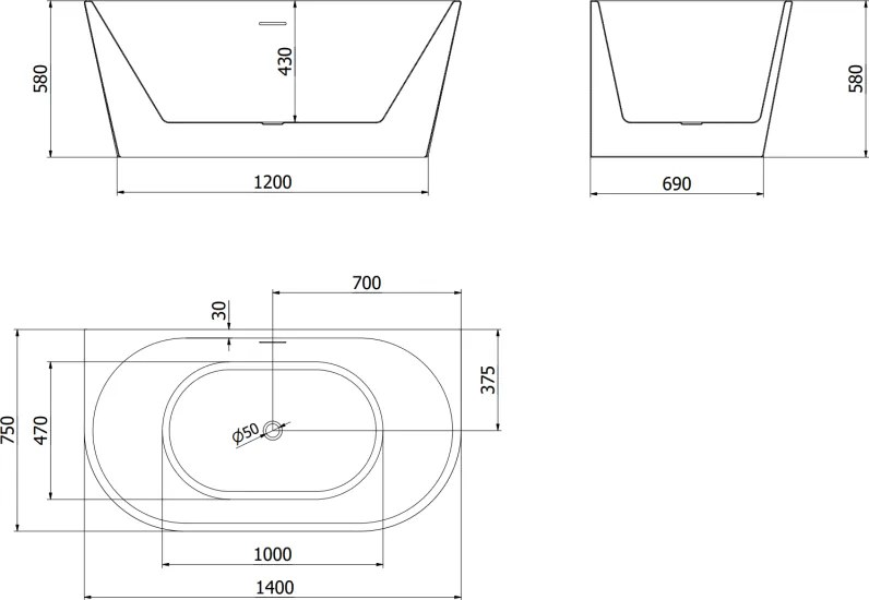 Mexen Oval, volně stojící nástěnná vana 140 x 75 cm, bílá, měděný přepad, 52671407500-65