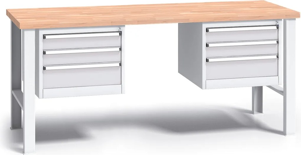 Pracovní stůl do dílny G3 se 2 závěsnými boxy na nářadí, buková spárovka, 6 zásuvek, pevné kovové nohy, 2000 mm, šedá