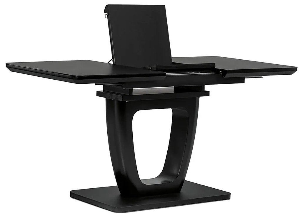 Jídelní stůl 110+40x75 cm, černá 4 mm skleněná deska, MDF, černý matný lak - HT-430 BK