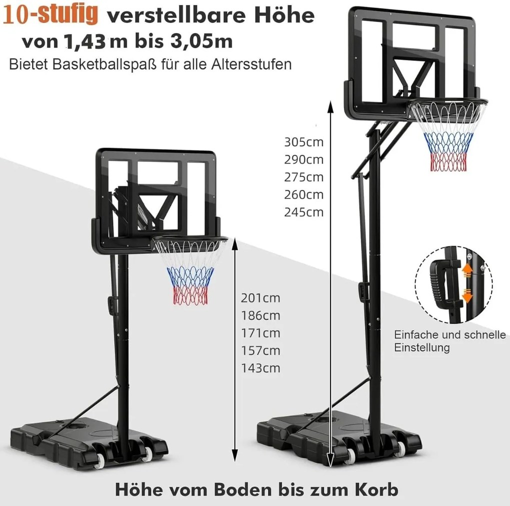 Costway Nastavitelný basketbalový koš 245–305 cm, černý