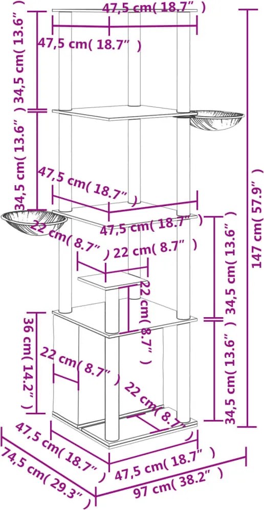 Škrabadlo pro kočky se sisalovými sloupky světle šedé 147 cm 171781
