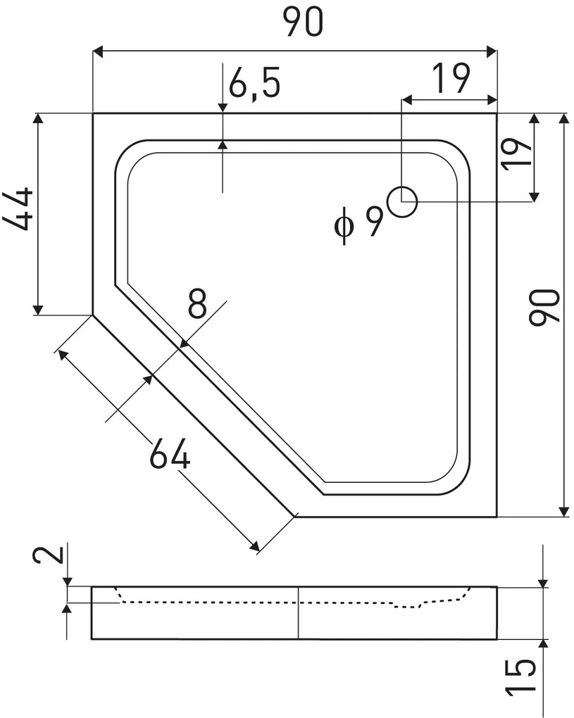 Novoterm Pětiúhelníková akrylátová sprchová vanička NV-Glasgow 90x90 bílá, vysoká