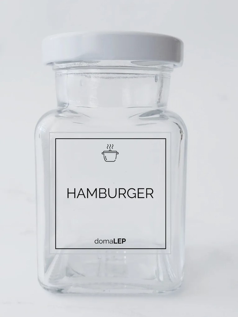 Samolepka na kořenky HAMBURGER průhledná 5 × 5 cm základní písmo