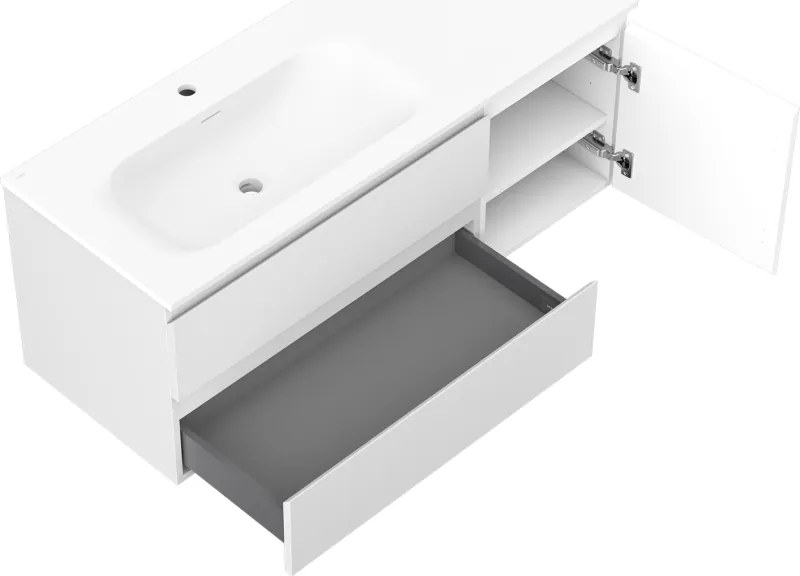 Mexen Orio, koupelnová skříňka 120 cm s umyvadlem Vela vlevo, 2S, 1D, bílá matná, 91A13-12047-3-BBFFFF01-W23L01