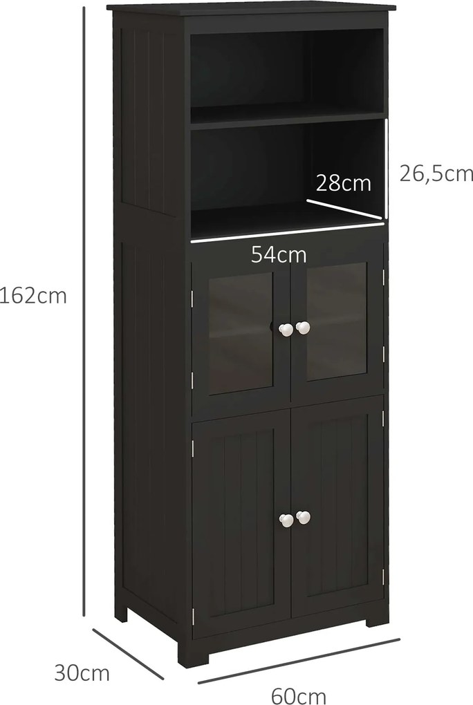 HOMCOM Kuchyňská kredenc s 4 dveřmi, 2 otevřenými policemi a nastavitelné police pro obývací pokoj 60x30x162 cm Černá