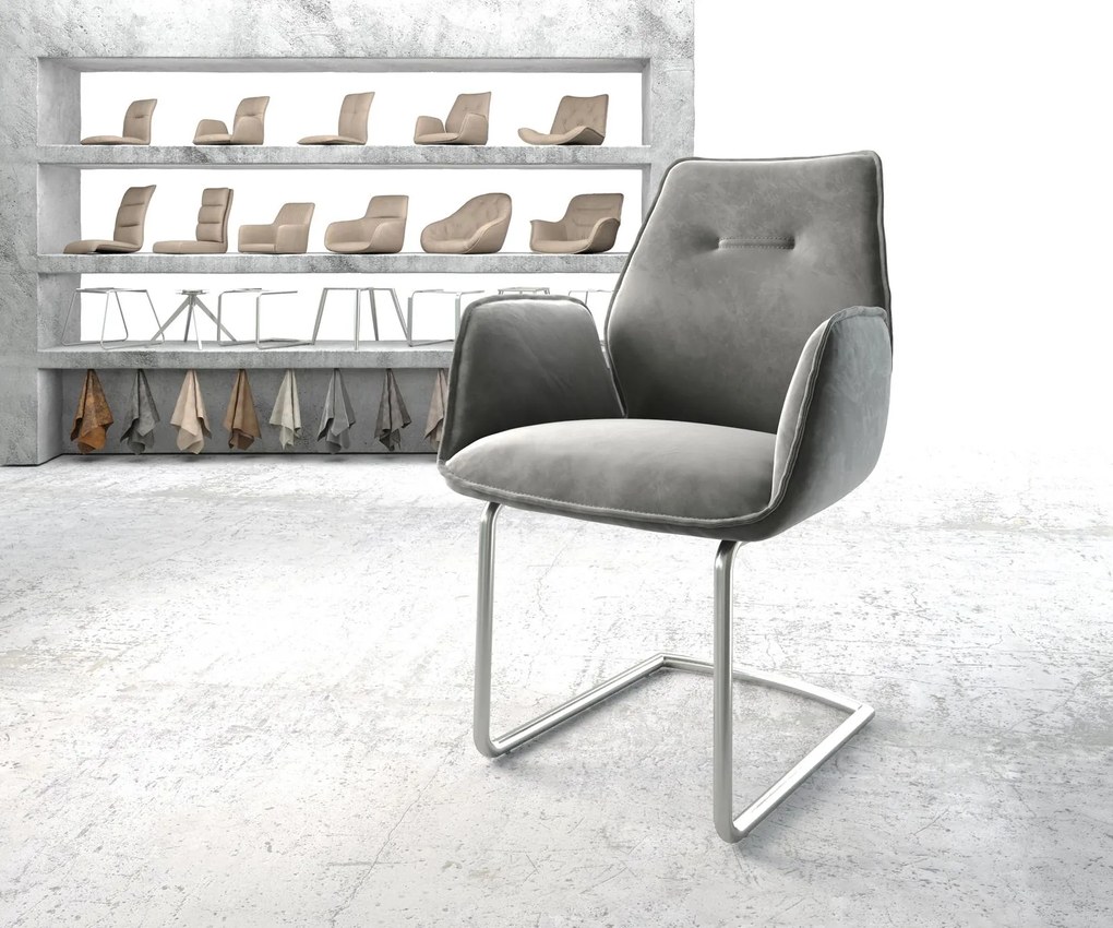DELIFE Jídelní židle Zoa-Flex šedý samet konzolová podnož z nerezové oceli kulatá