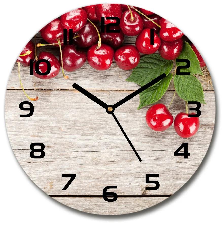 Wallmuralia Skleněné hodiny kulaté Višně na dřevě fi 30 cm