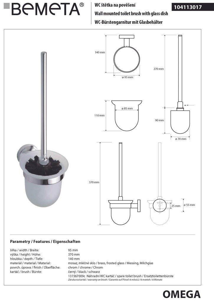 Bemeta Design OMEGA: WC štětka, na pověšení, sklo, černá -