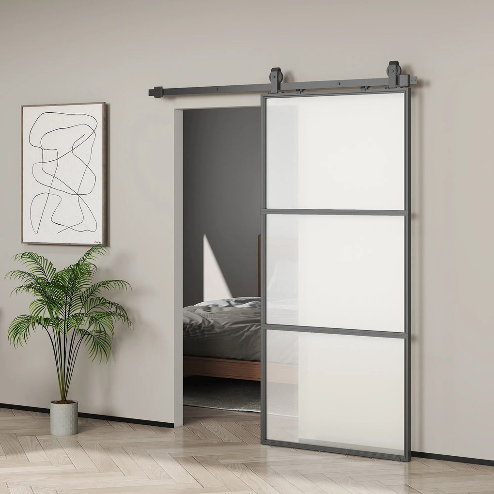HOMCOM Posuvné Dveře s Hardwarem - Skleněné Posuvné Dveře s Mechanismem Tichého Zavírání pro Koupelnu, Obývací Pokoj a Kuchyni 91,4x203,2 cm Černé