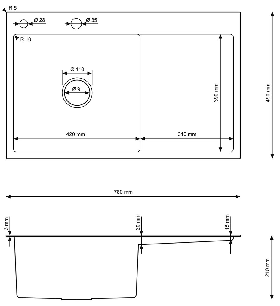 Erga HD, 1-komorový ocelový dřez 780x490x210 mm, levý, ocelová, ERG-MLS-HD7849L