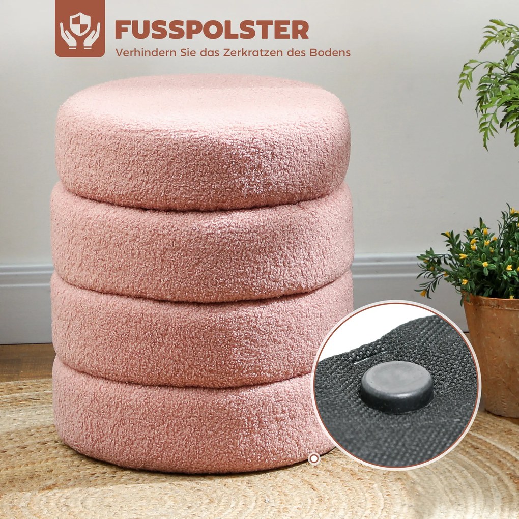 HOMCOM Taburet, kulatý, teddy fleece, do 120 kg, Φ40x45H cm, růžová