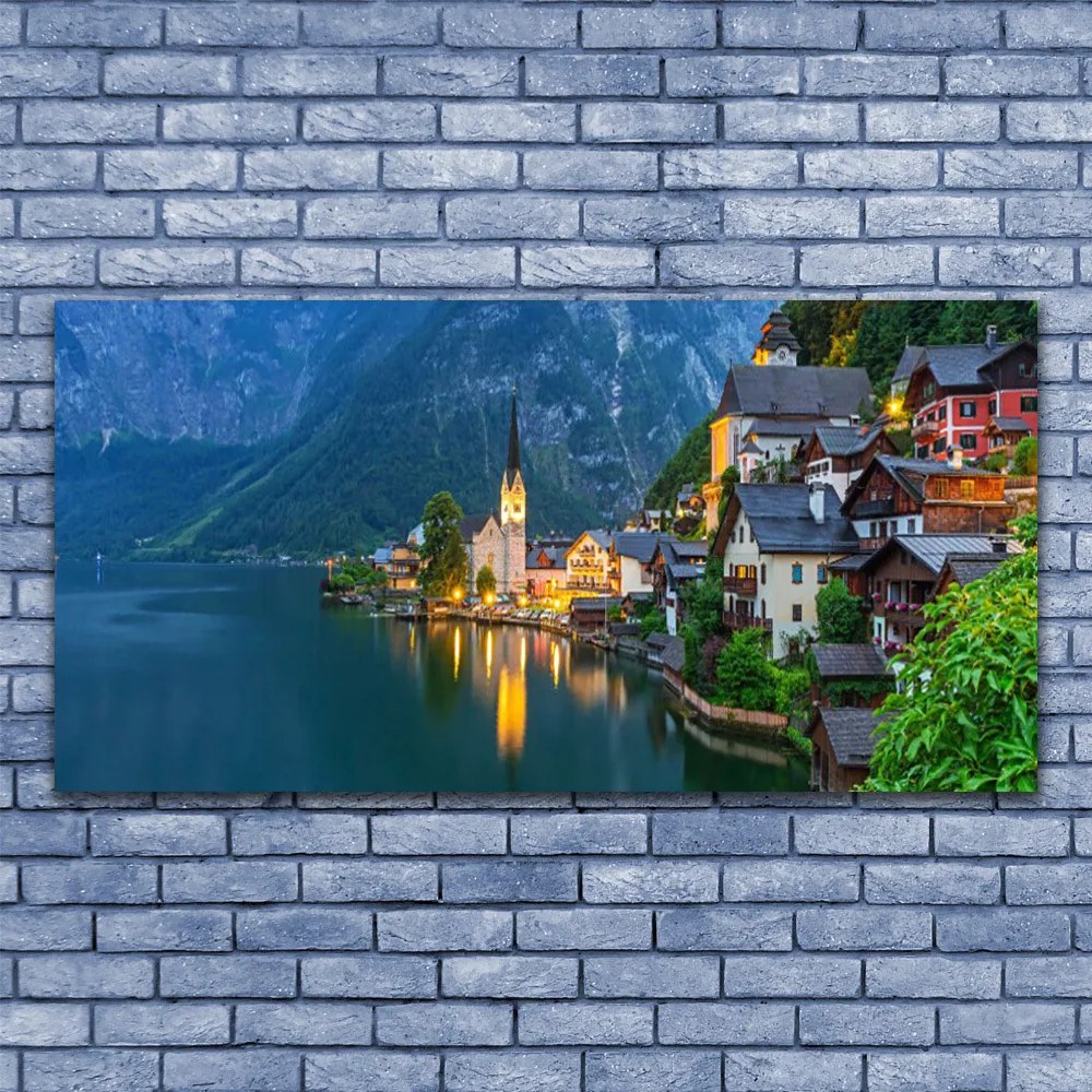 Plexisklo-obraz Hory Městečko Noc Jezero 120x60 cm