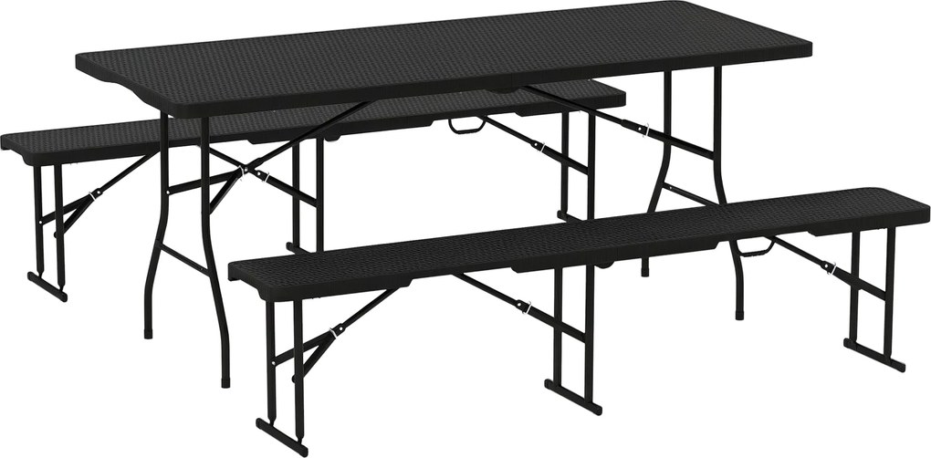 Sada pivního stanu Outsunny, skládací campingový stůl se 2 pivními lavicemi a rattanovým vzhledem, sada stolů pro balkon, párty stan, zahradu 180 x 74