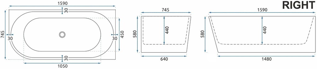 Asymetrická akrylátová vana s krycím panelem REA SYDNEY BELLANTO Pravá 160x75 cm, bílý, sifon Click-Clack - bílý