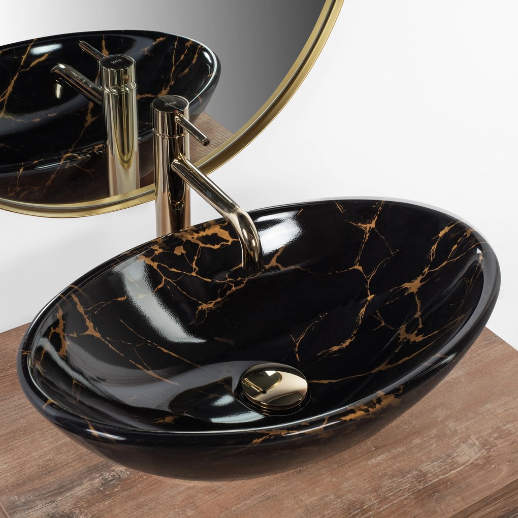 Rea Pamela Black Marble Shiny, umyvadlo na desku 530x330x150 mm, černá lesklá-vzor black marble, REA-U5067