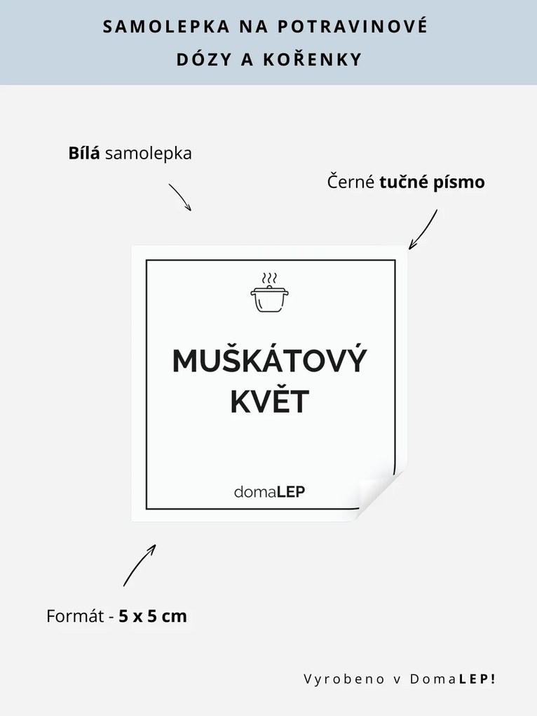 Samolepka na kořenky MUŠKÁTOVÝ KVĚT bílá 5 × 5 cm tučné písmo