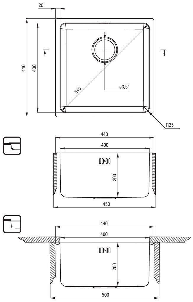 Deante Egeria, nerezový dřez pod desku 1-komorový B/O 440x440x200 3,5" + prostorově úsporný sifon, vzor satyna, ZPE_010B
