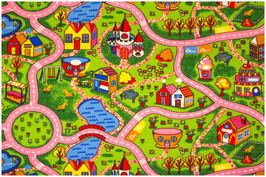 Dětský kusový koberec Amazing Town Uličky Město růžový zelený Rozměr: 100x150 cm