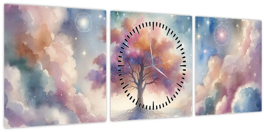 Obraz - Strom života v oblacích (s hodinami) (90x30 cm)