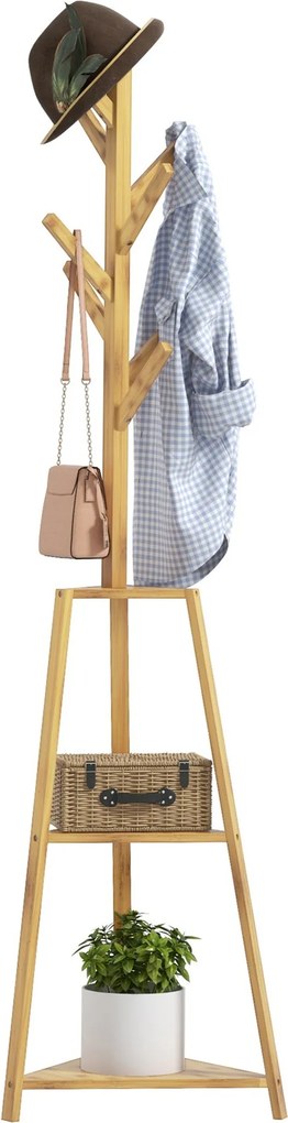 HOMCOM Stojan na kabáty z bambusu, závěs na oblečení s 8 háčky, 3 police, skříň, 46 x 175 cm, nábytek do předsíně na oblečení a klobouky, přírodní