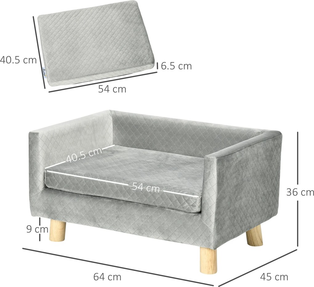 PawHut pohovka pro psy sametová dotyková pohovka pro malé psy do 8 kg s dřevěnými nohami šedá 64x45x36cm pro stylový nábytek pro domácí mazlíčky | Ao…