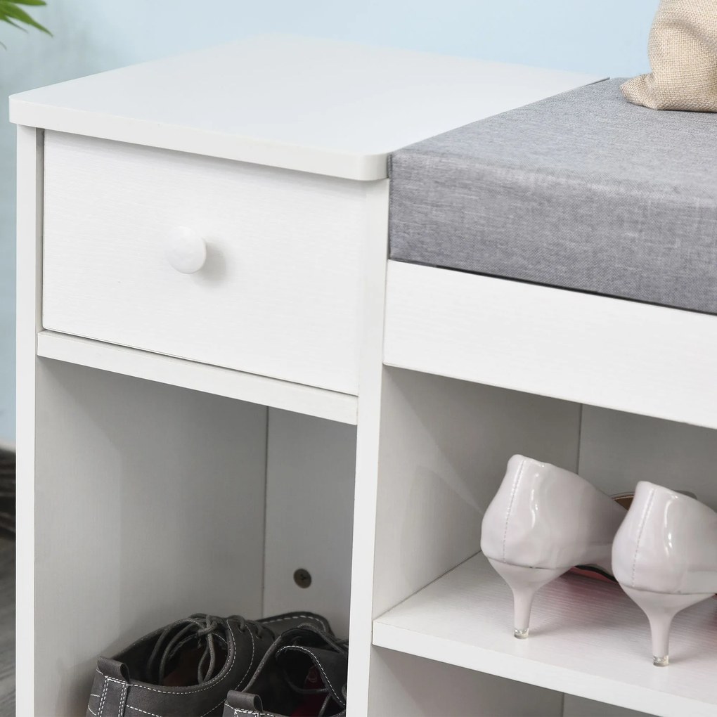 HOMCOM botník s polstrováním, šuplíkem a 3 otevřenými přihrádkami, dřevěný nábytek do chodby 81x31,5x49cm, bílý